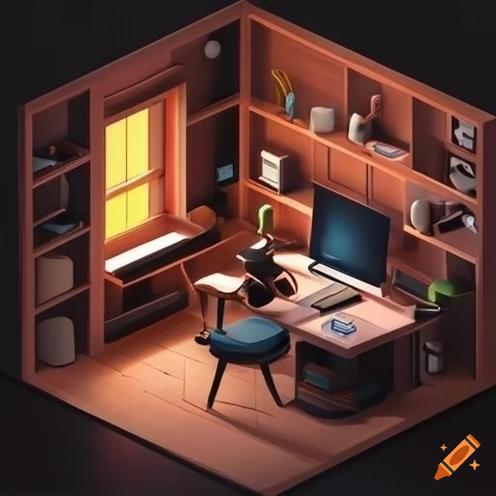 Isometric view of a home office on Craiyon