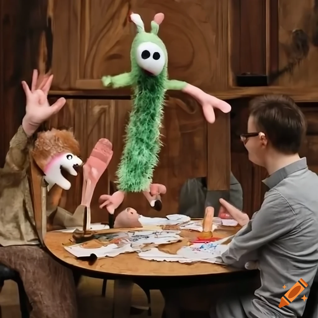 Exuberant squirrel puppets brainstorming at a round table with ideas on ...