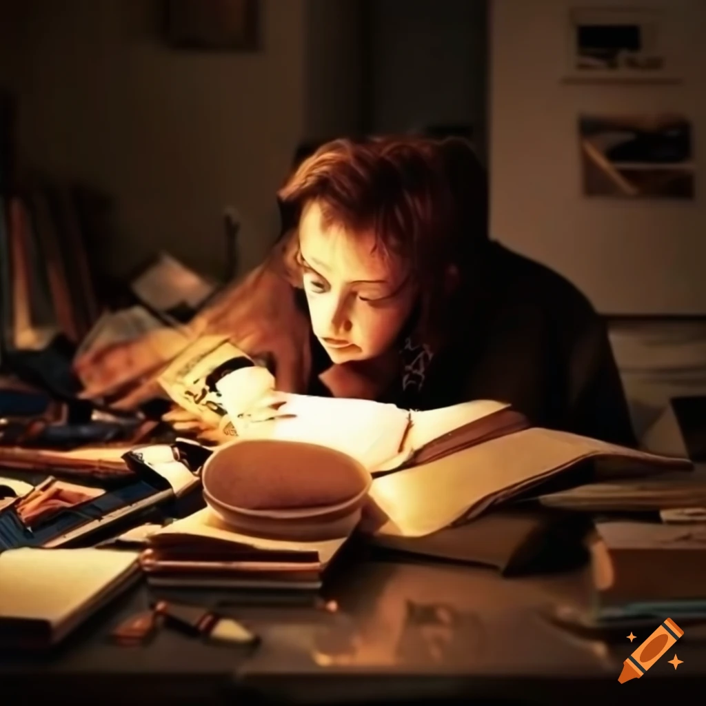 Poet deep in thought writing at cluttered desk on Craiyon