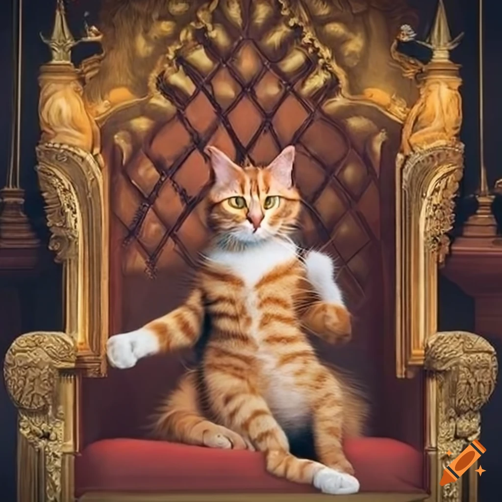 Elegantly dressed orange tabby cat sitting regally on a throne on Craiyon