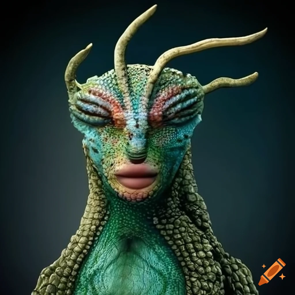 Nature-inspired creature with human form and chameleon scales on Craiyon