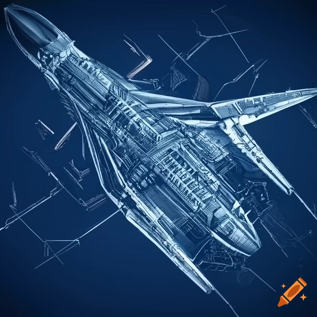 Detailed blueprint of a jet fighter with dimensional diagrams and ...