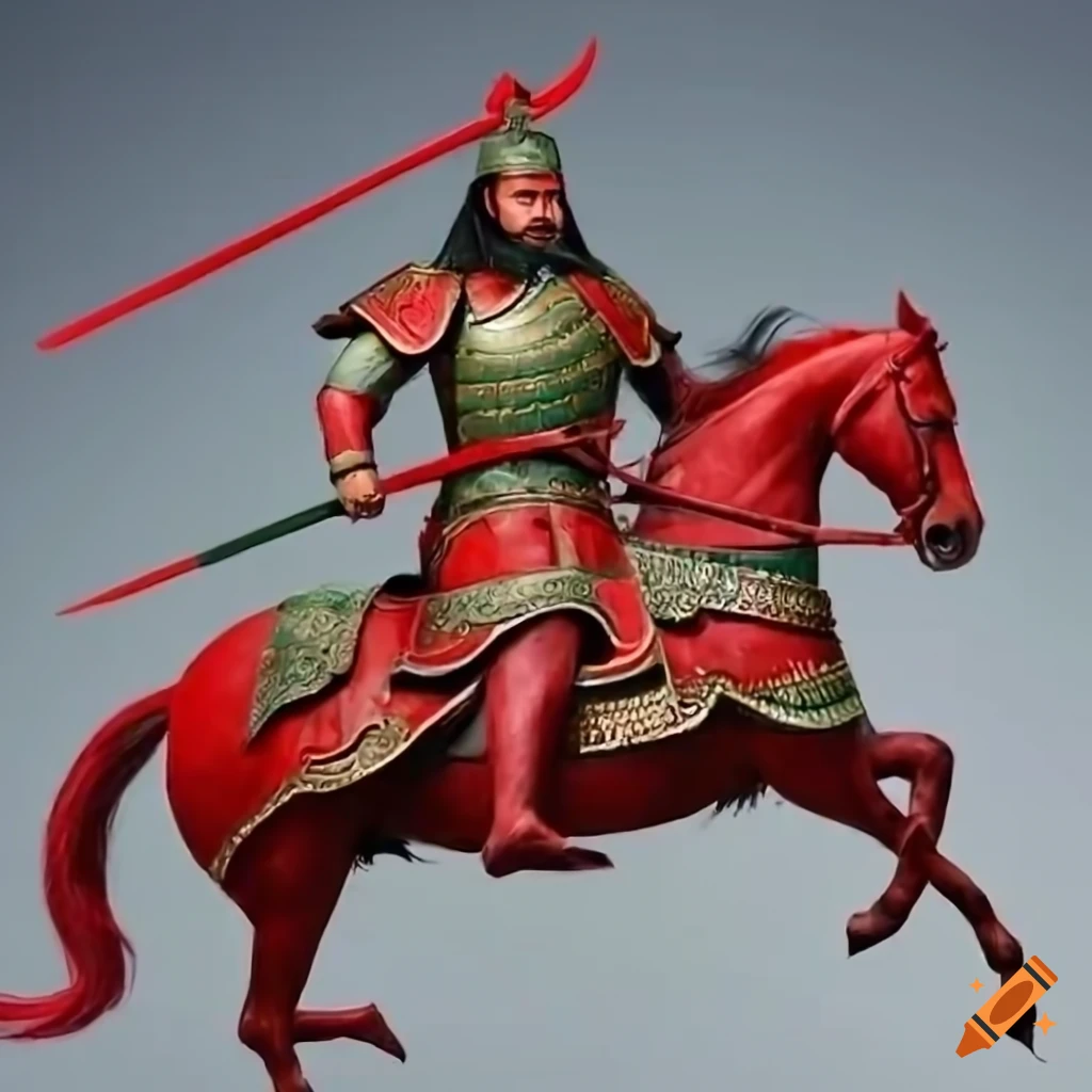 Legendary Chinese general Guan Yu riding a red horse in green armor ...