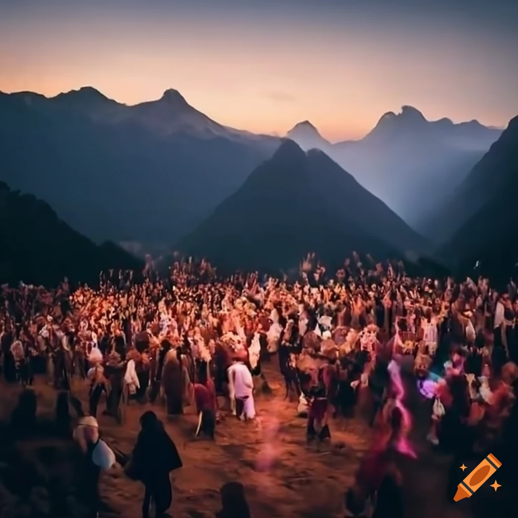 Festive gathering of people dancing joyfully in a mountainous landscape ...