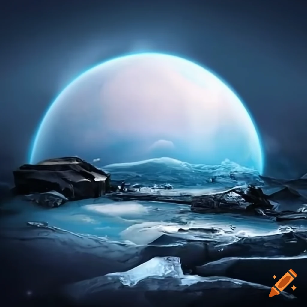 Spaceship crash on an ice-covered planet in a sci-fi landscape on Craiyon