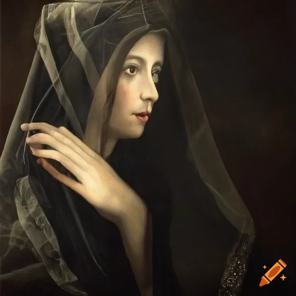 Renaissance painting of a pensive woman in a black gown and veil on Craiyon