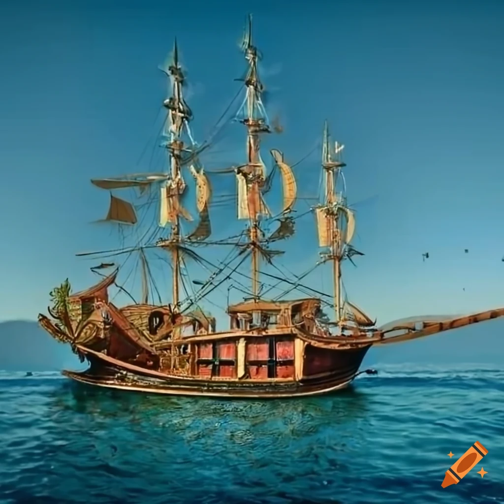 Steampunk sailing boat with lush greenery and intricate machinery ...