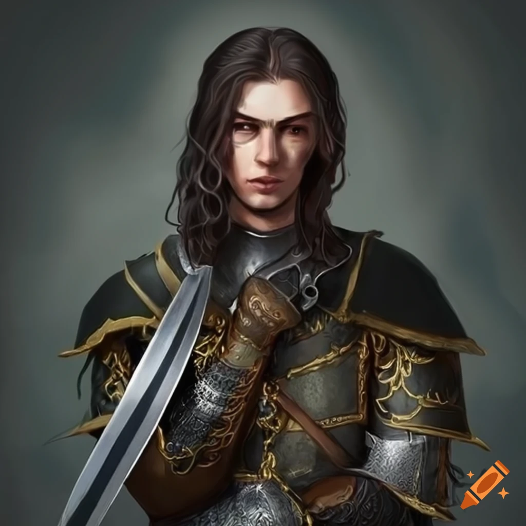 Elegant warrior with long dark hair and gold eyes in medieval armor ...