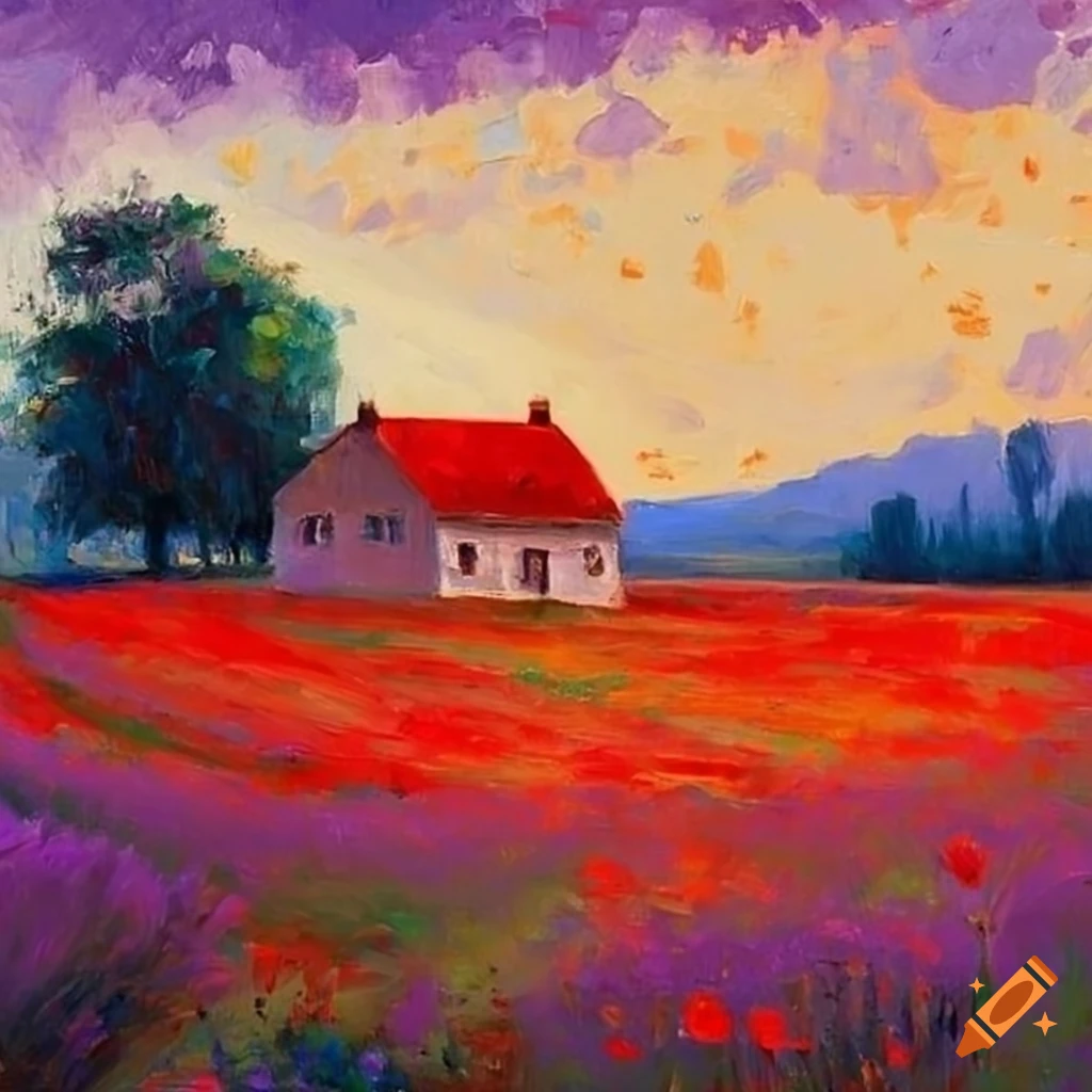 Bucolic scene with lavender, poppy fields, and a farmhouse in an ...