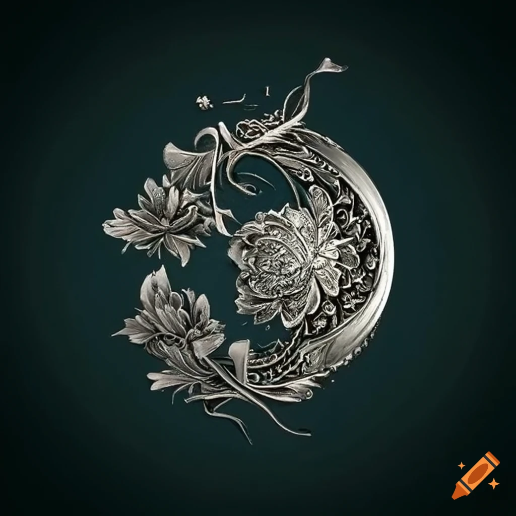 Intricate silver moon emblem with art nouveau floral design on Craiyon
