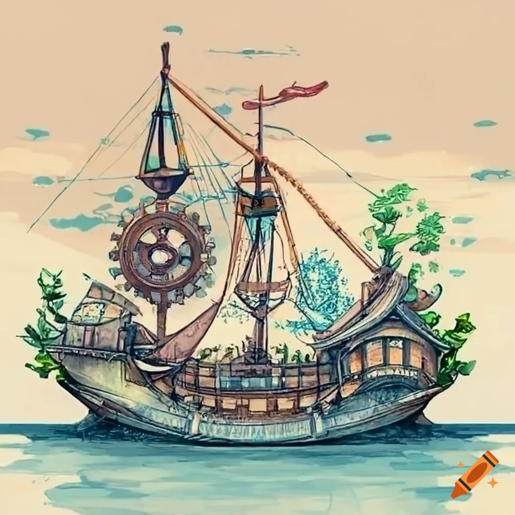Steampunk sailing boat with lush plants, gears machinery, and houses on ...