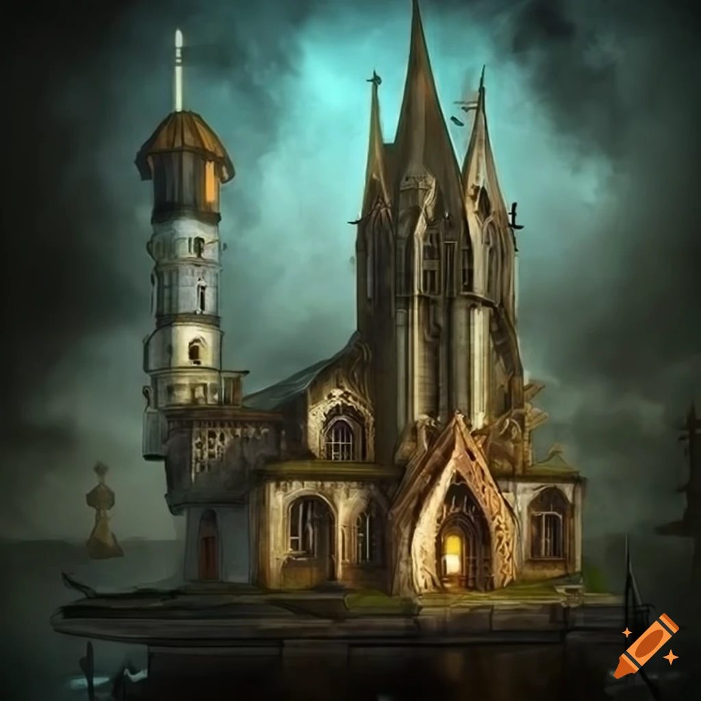 Steampunk church with detailed concept art on Craiyon
