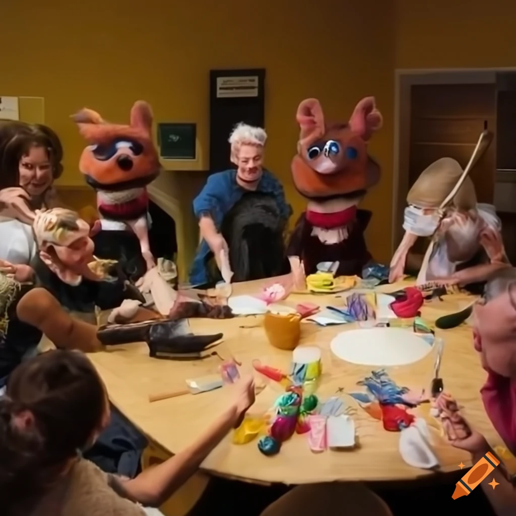 Exuberant squirrel puppets brainstorming at a round table with ideas on ...
