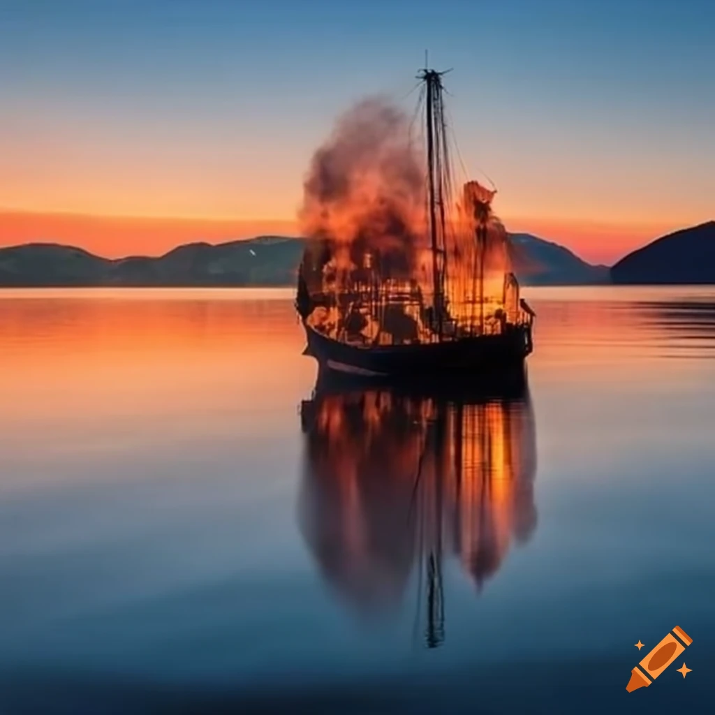 Flaming ship on serene Norwegian lake on Craiyon