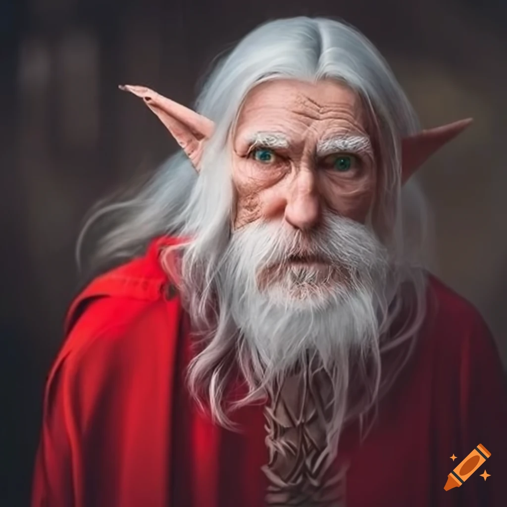 Elderly male elf with long gray hair in a red robe on Craiyon