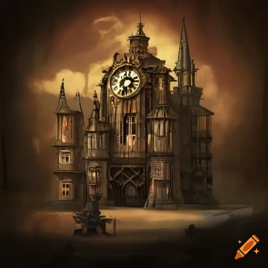 Steampunk clocktower style concept art on Craiyon