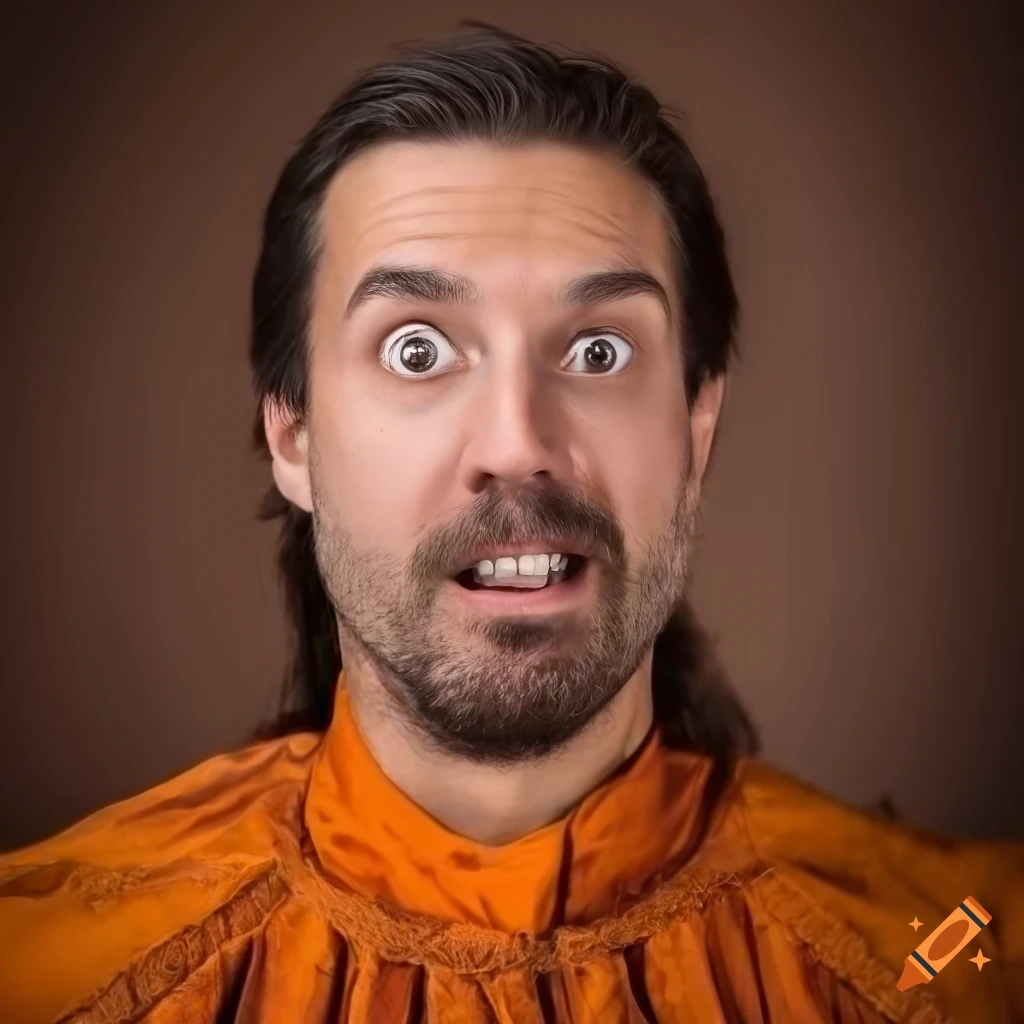 Closeup headshot of scared male actor in renaissance fair costume on ...
