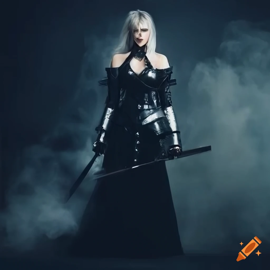 Female vampire knight with swords in a dark mysterious setting on Craiyon