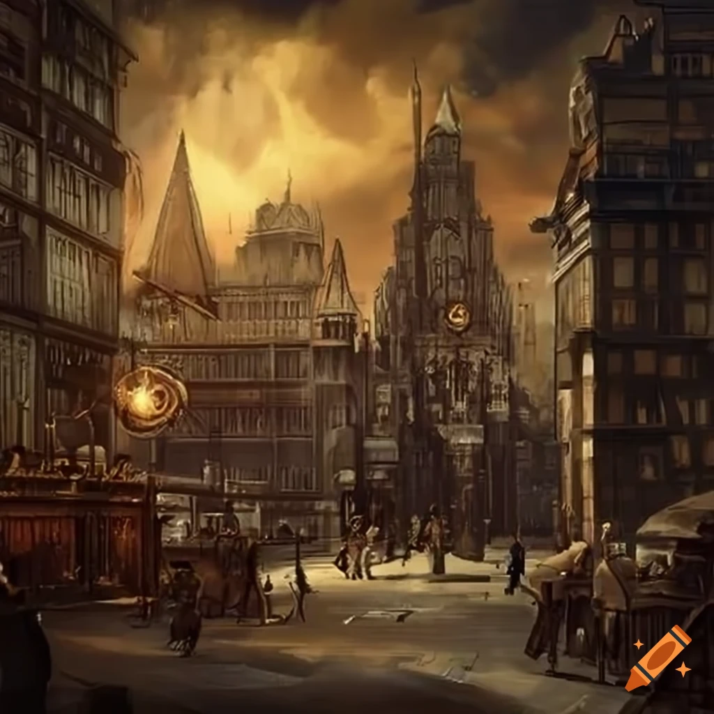 Steampunk city market concept art with high detail style on Craiyon
