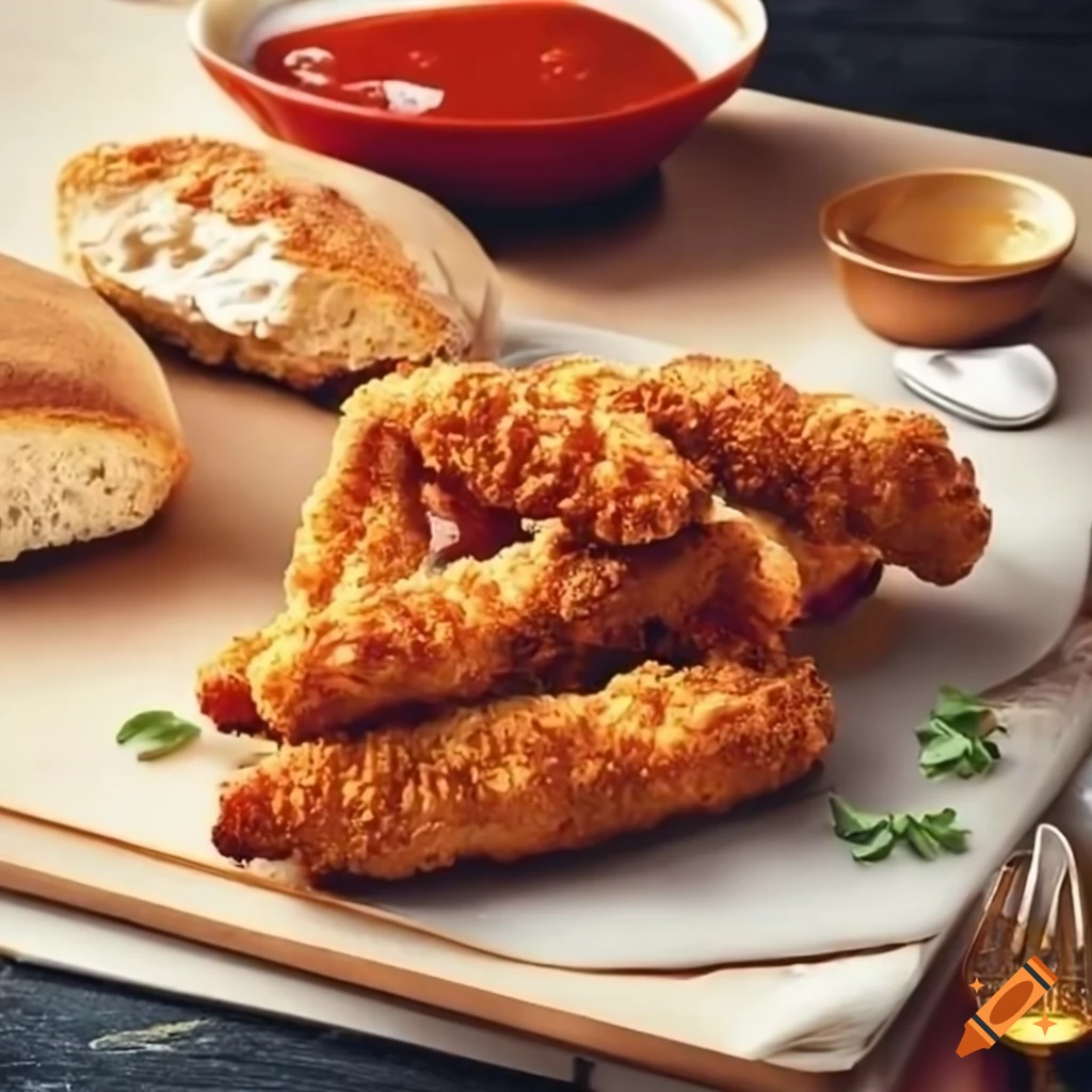 Plated chicken fingers with barbecue sauce and light chicken broth on ...