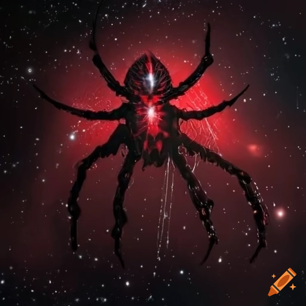 Intricately detailed ancient crimson spider weaving its web against a ...