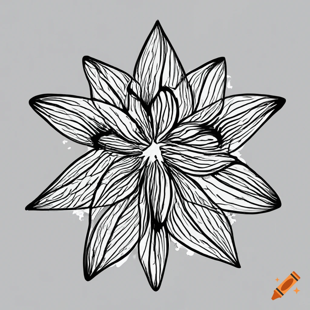Minimalist black and white drawing of a Starflower on white background ...