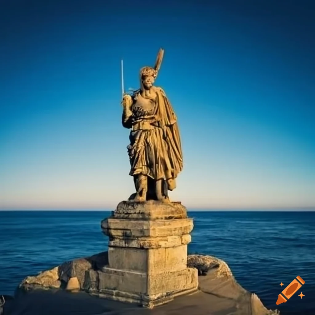 Statue of old Roman conqueror in front of a lighthouse in a barren ...