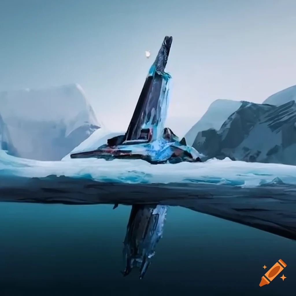 Spaceship crash on an ice-covered planet in a futuristic landscape on ...