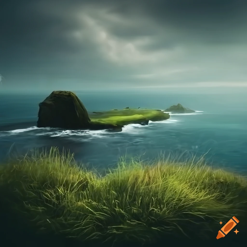 Grassy land overlooking ocean with grey skies and large rocks in a ...