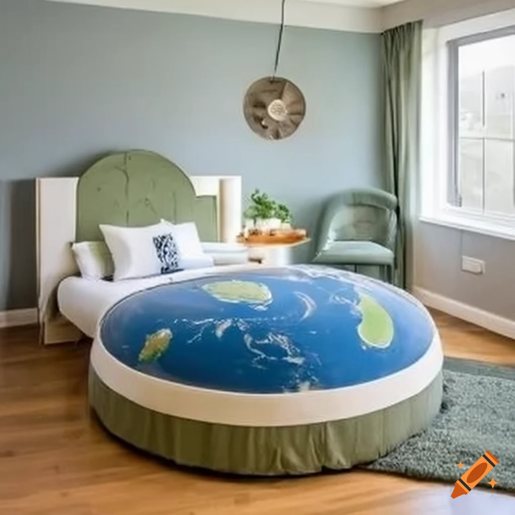 Bedroom with a round earth-themed bed on Craiyon