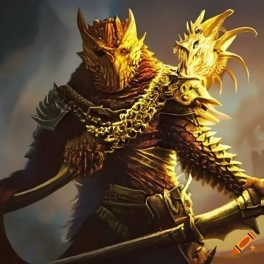 D&d dragonborn with gold dragon ancestry in chain mail with battle axe ...