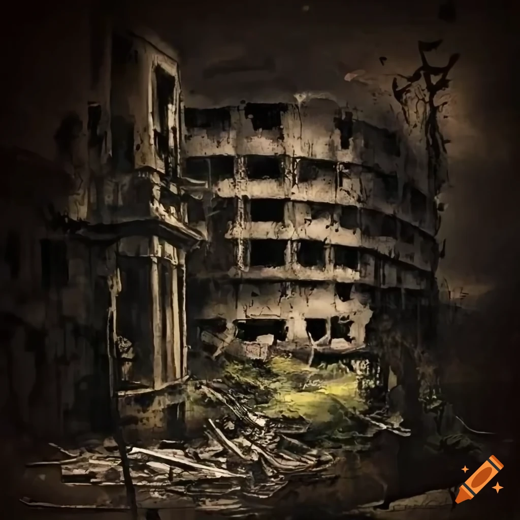 Destroyed building leaning against another in a post-apocalyptic world ...