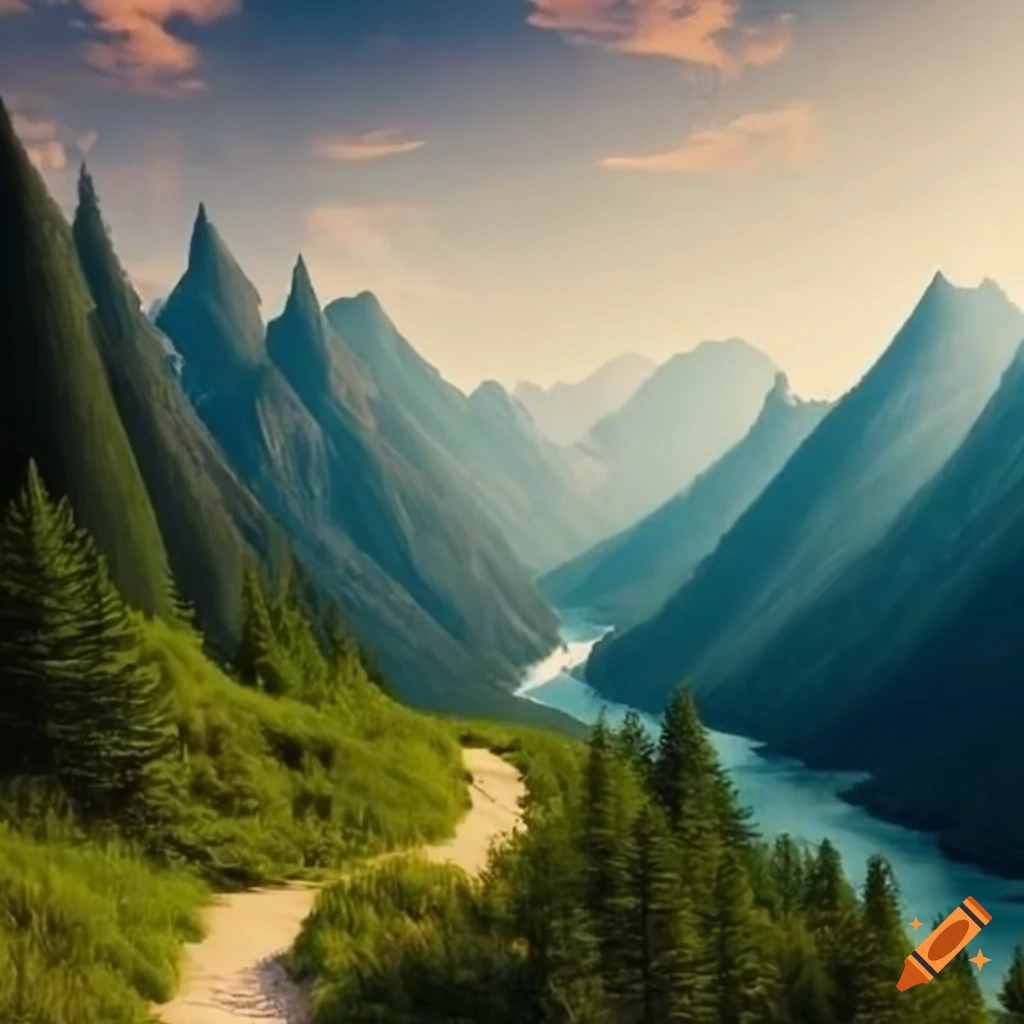 Mountain landscape with a path along a large river on Craiyon