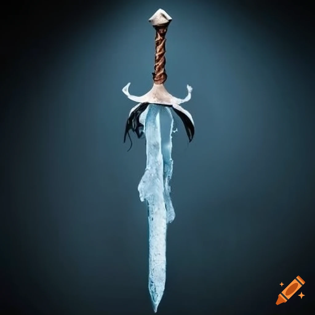 Huge ice greatsword on a wooden rack on Craiyon