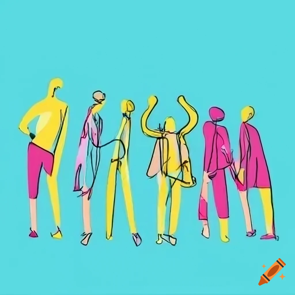 One line drawing of six people waving goodbye on Craiyon