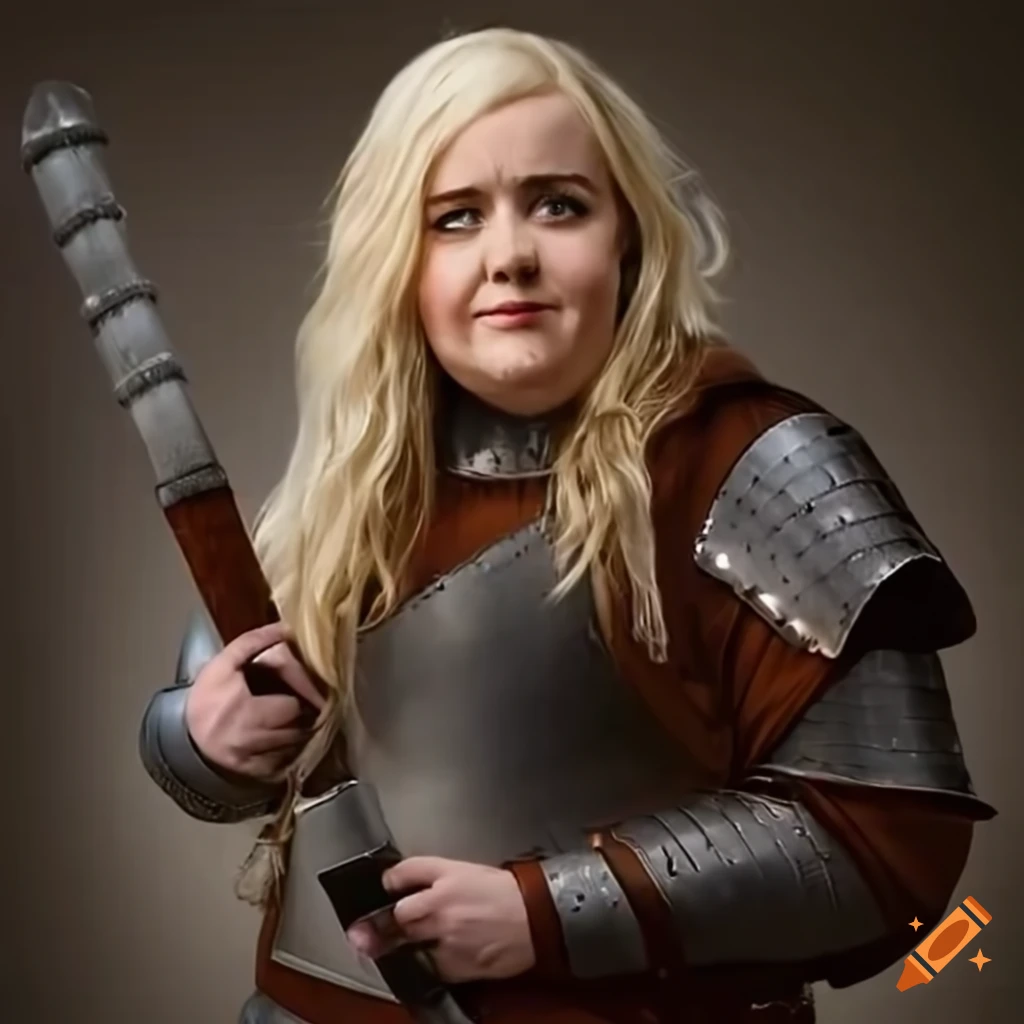 Aidy bryant in medieval iron armor wielding a mace on Craiyon