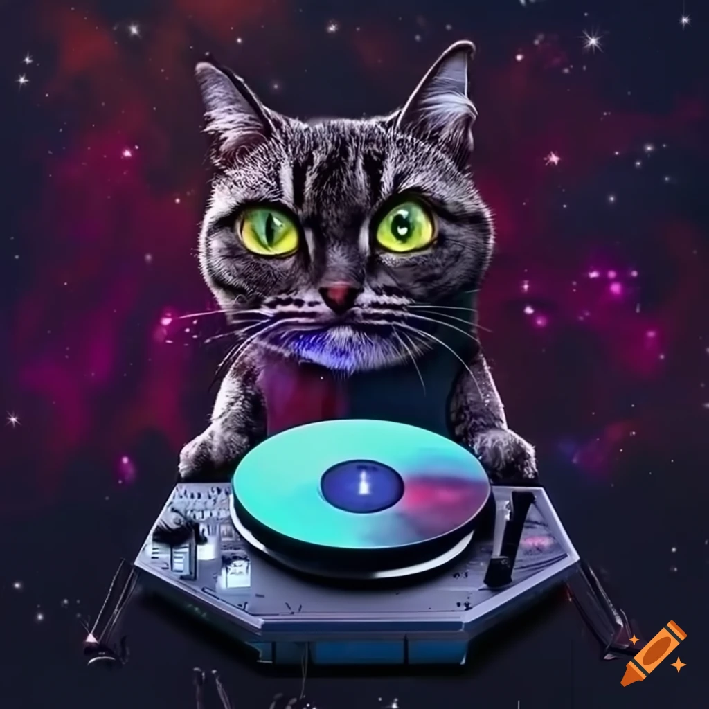 Space cat dj on a turntable on Craiyon