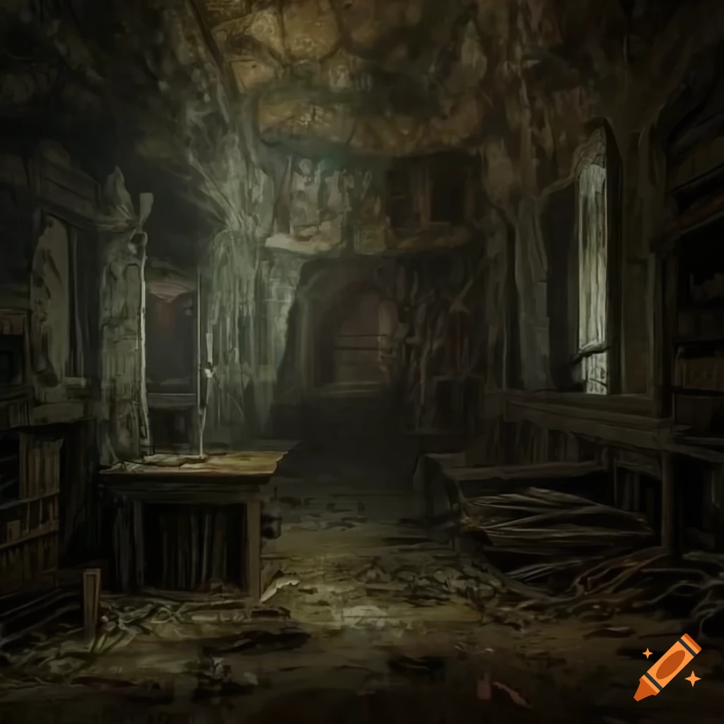 Abandoned library in a dark cave with a dark fantasy theme on Craiyon