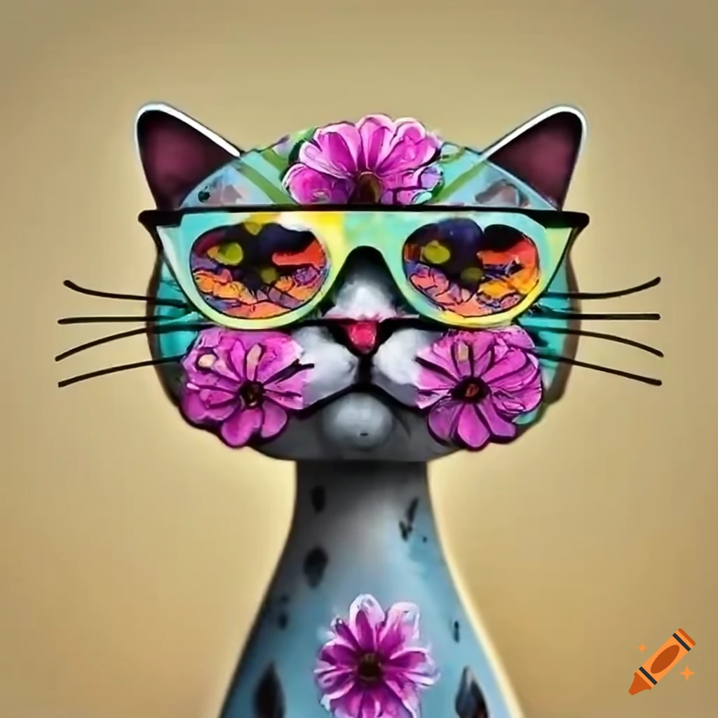 Cute metal cat among flowers with big eyes on Craiyon