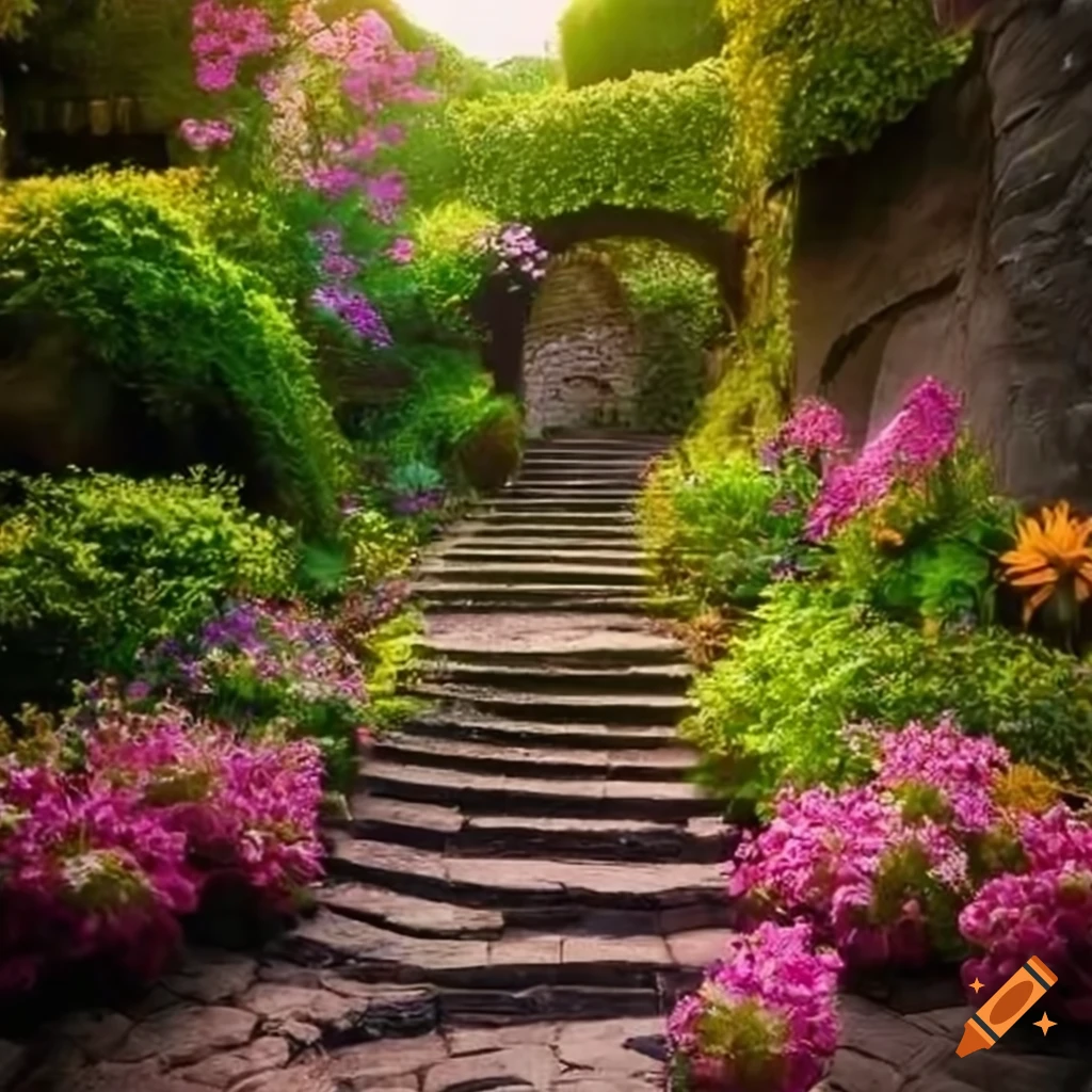 Enchanting medieval garden with vibrant flowers and cobblestone steps ...