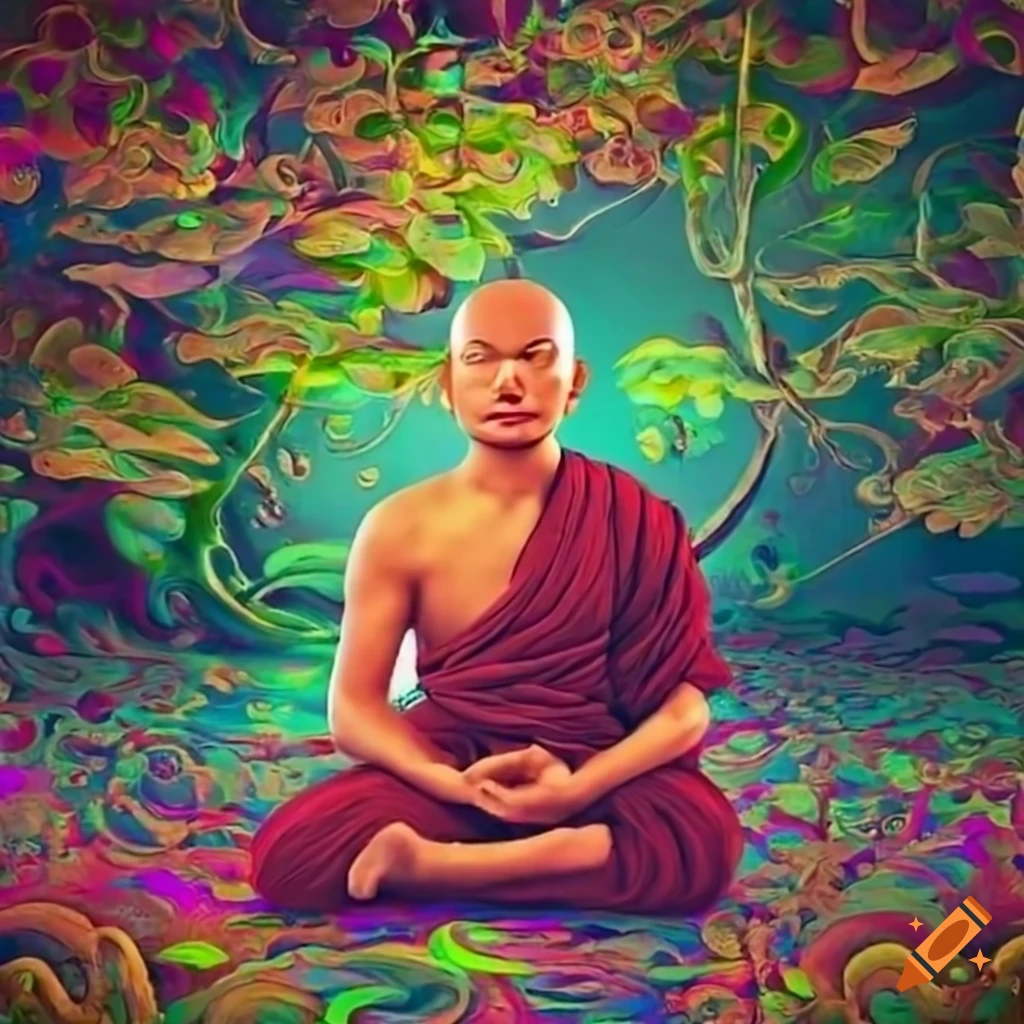Buddhist monk meditating in a psychedelic environment on Craiyon