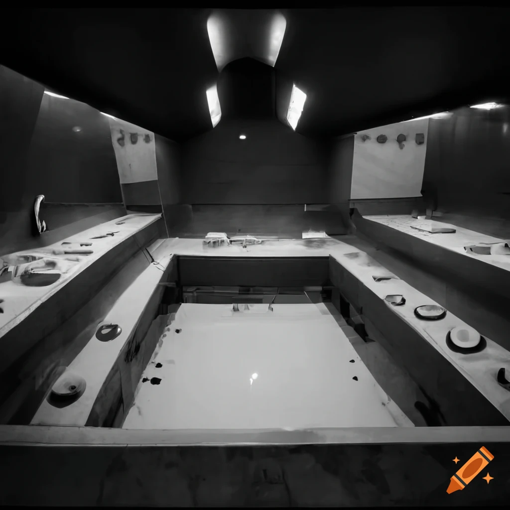 Indoor public bathroom with stepped pyramid of toilets and stalls on ...