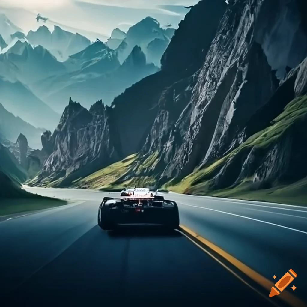 Formula one car racing on a road towards the mountains on Craiyon