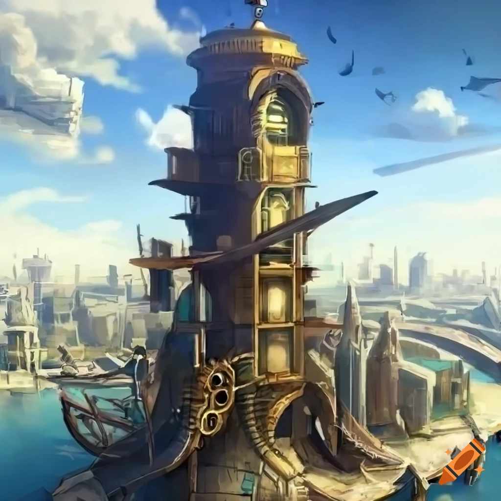 Steampunk tower exterior in a city concept art on Craiyon