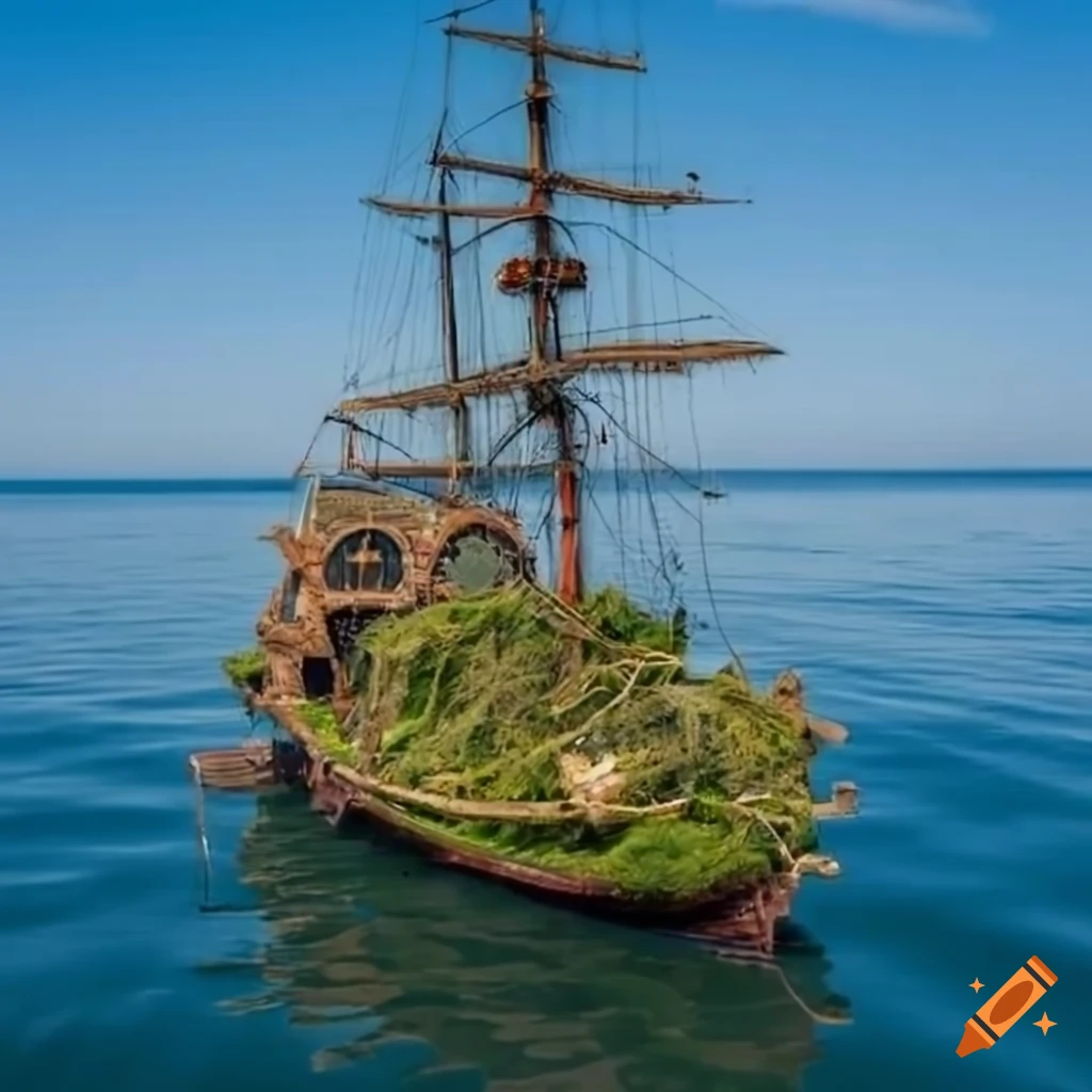 Steampunk sailing boat covered in moss and plants with intricate gears ...