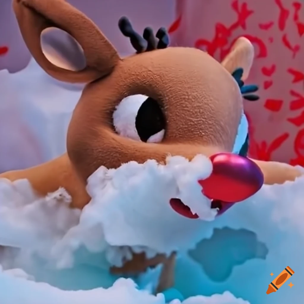 Rudolph the Red-Nosed Reindeer covered in foam at a friendly party on ...