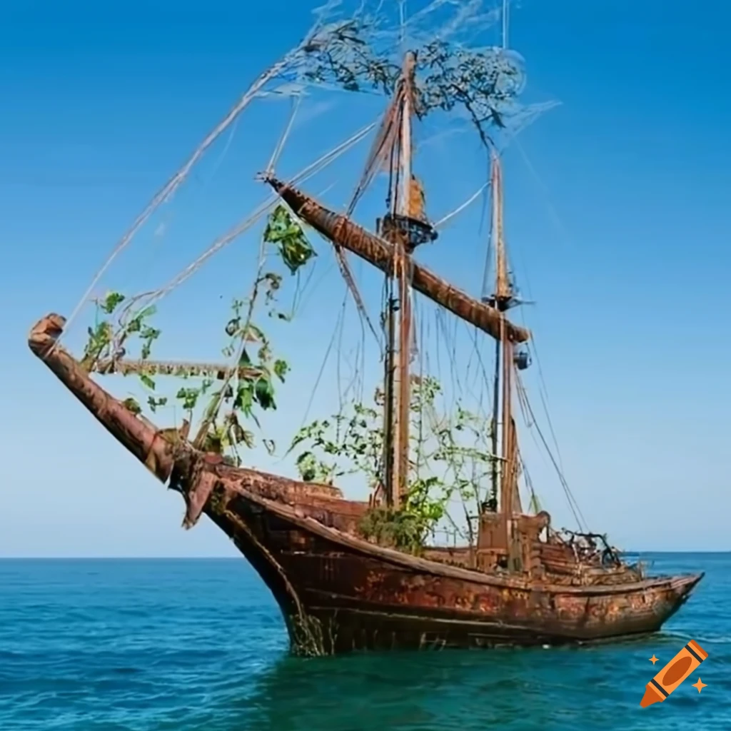 Giant steampunk sailing boat with lush plants and trees, intricate ...