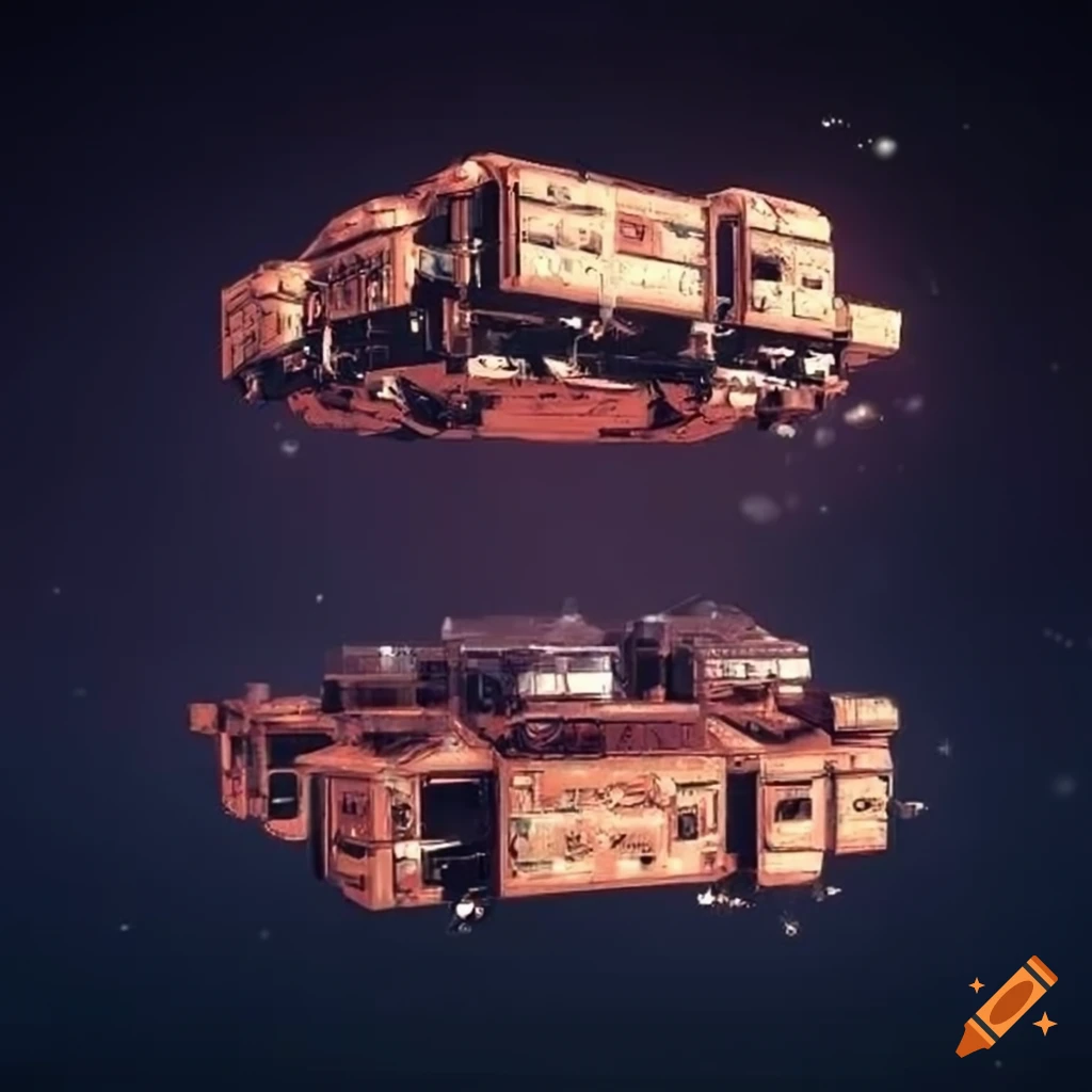 Intricate spaceship towing cargo crates in space on Craiyon