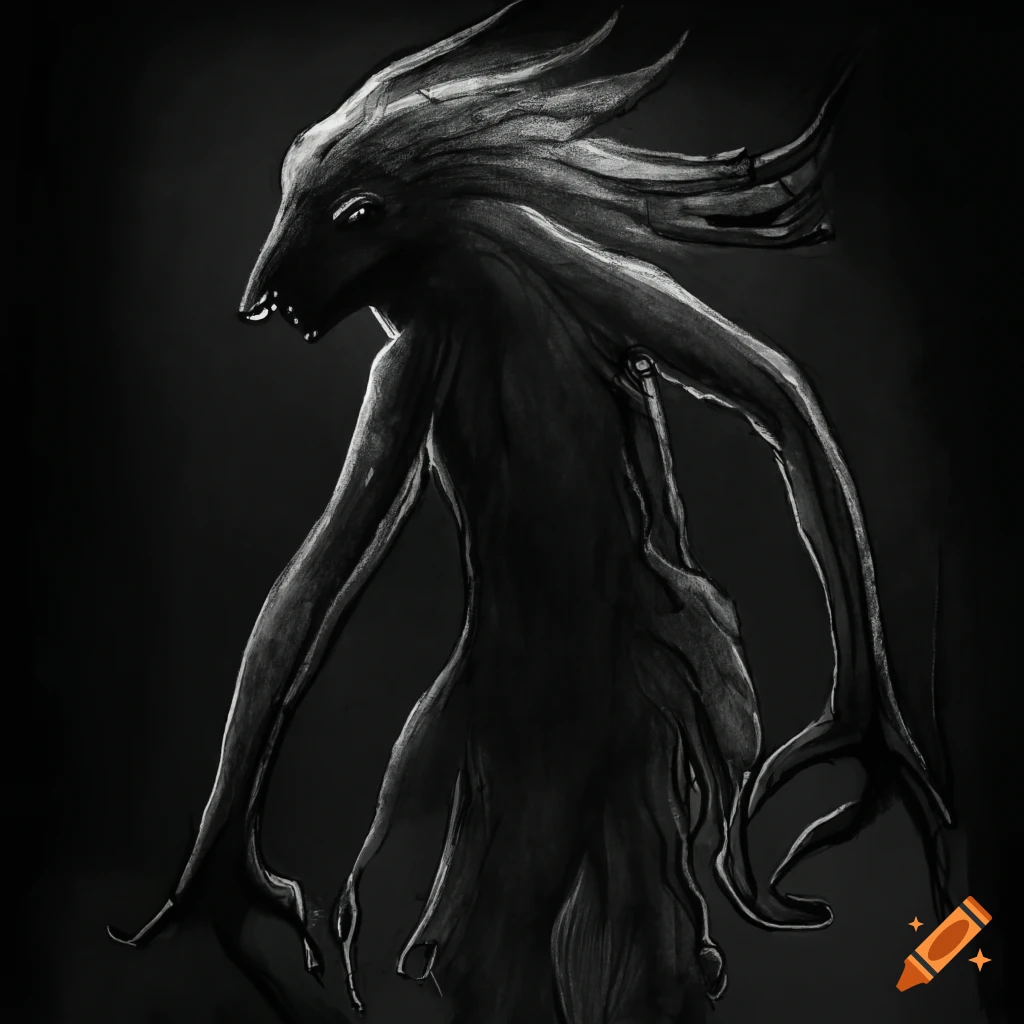 Tall, lanky shadow creature drawing in ink on paper on Craiyon