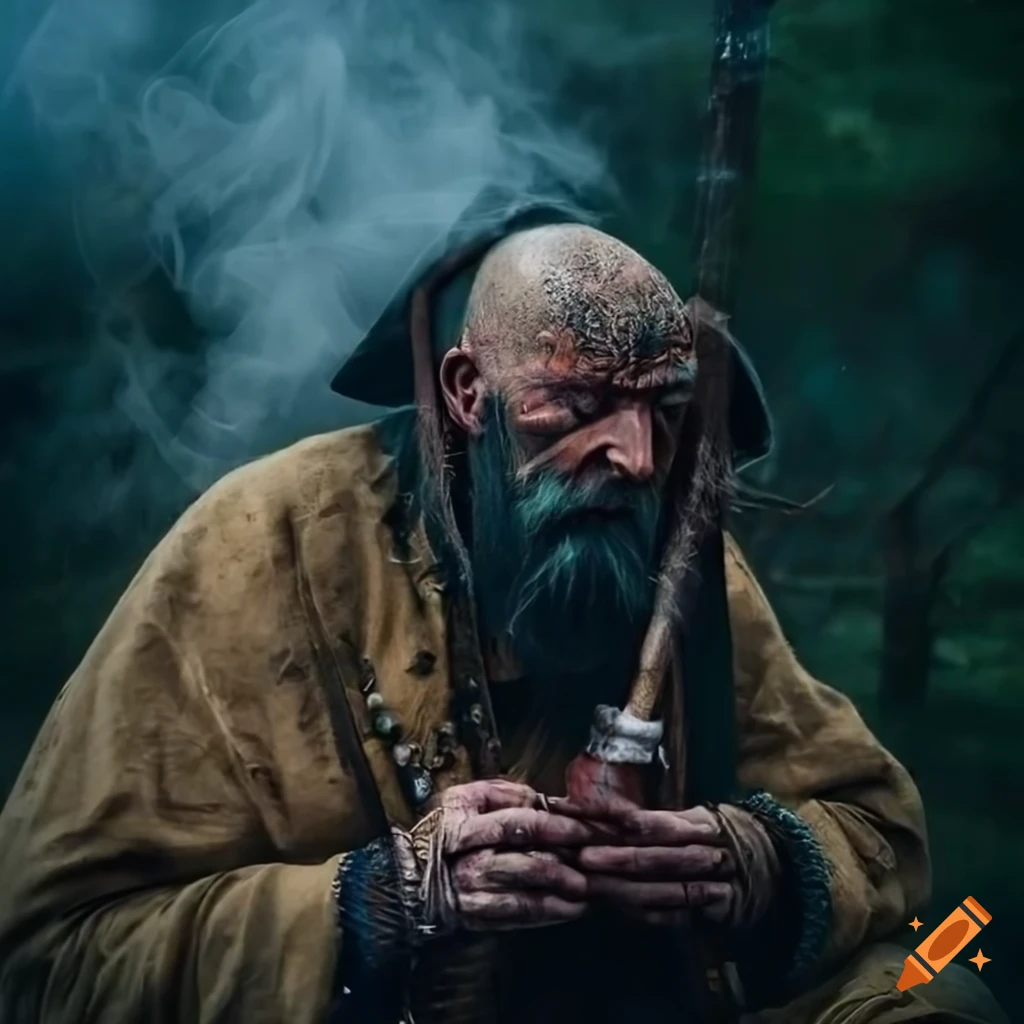 Post-apocalyptic bald shaman in a cloak surrounded by smoke in a ...